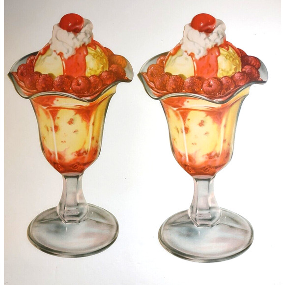 Art | 2 Ice Cream Sundae Dessert Diecuts Paper Signs 195s Vintage Pop ...